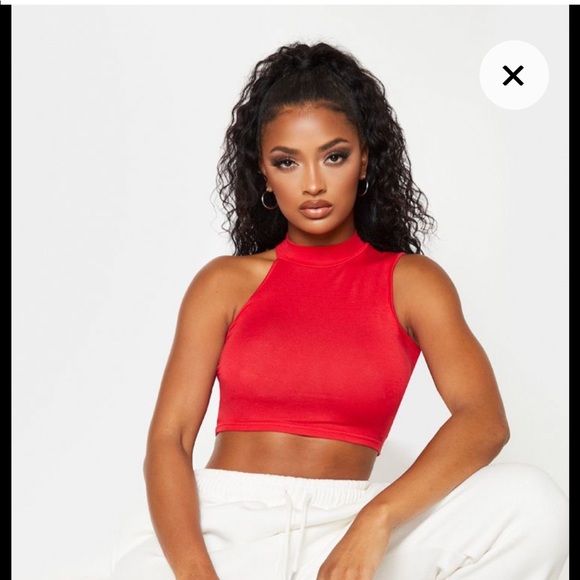 PrettyLittleThing | Tops | Red Jersey Cut Out High Neck Crop Top Nwt ...